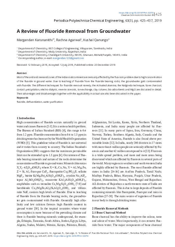 (PDF) A Review of Fluoride Removal from Groundwater