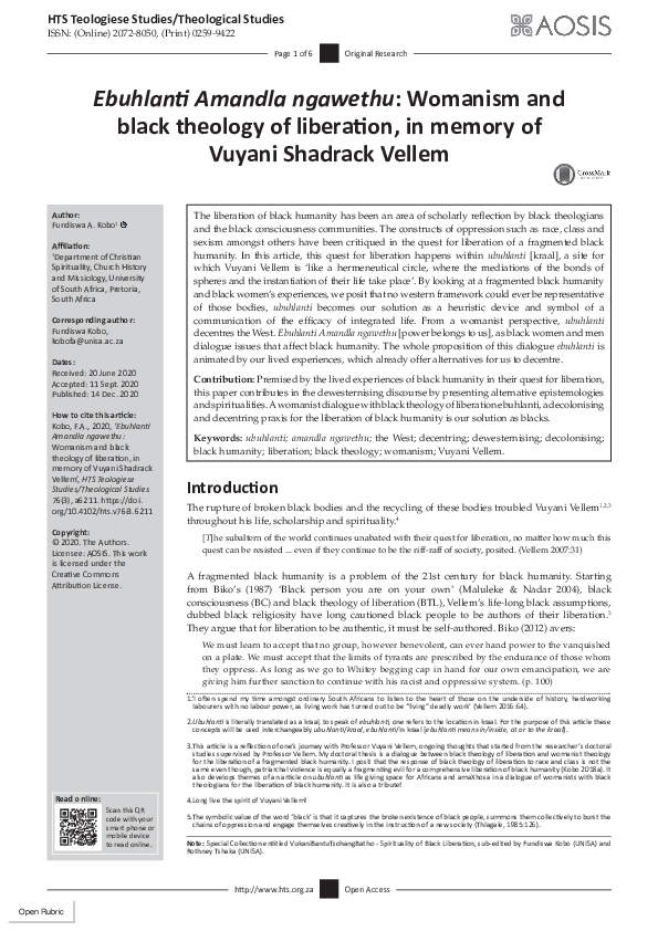(PDF) Ebuhlanti Amandla ngawethu: Womanism and black theology of ...
