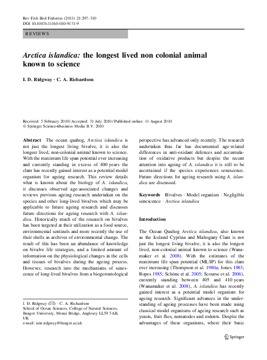 (PDF) Arctica islandica: the longest lived non colonial animal known to ...