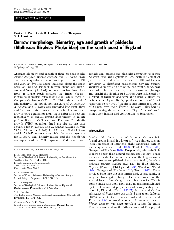 (PDF) Burrow morphology, biometry, age and growth of piddocks (Mollusca ...
