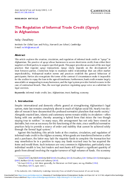 (PDF) The Regulation of Informal Trade Credit (Ograyi) in Afghanistan