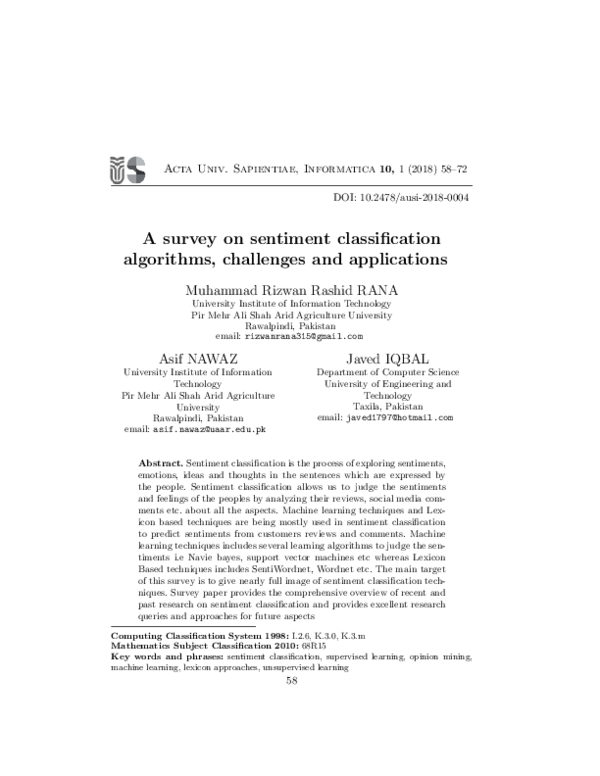 Pdf A Survey On Sentiment Classification Algorithms Challenges And