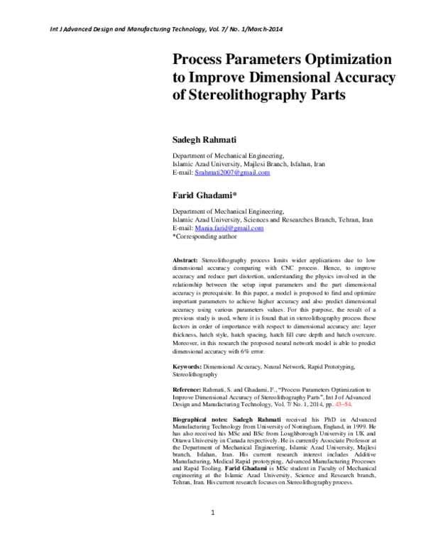 (PDF) Process Parameters Optimization to Improve Dimensional Accuracy of Stereolithography Parts