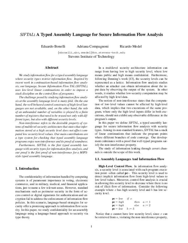 Pdf Siftal A Typed Assembly Language For Secure Information Ow Analysis 