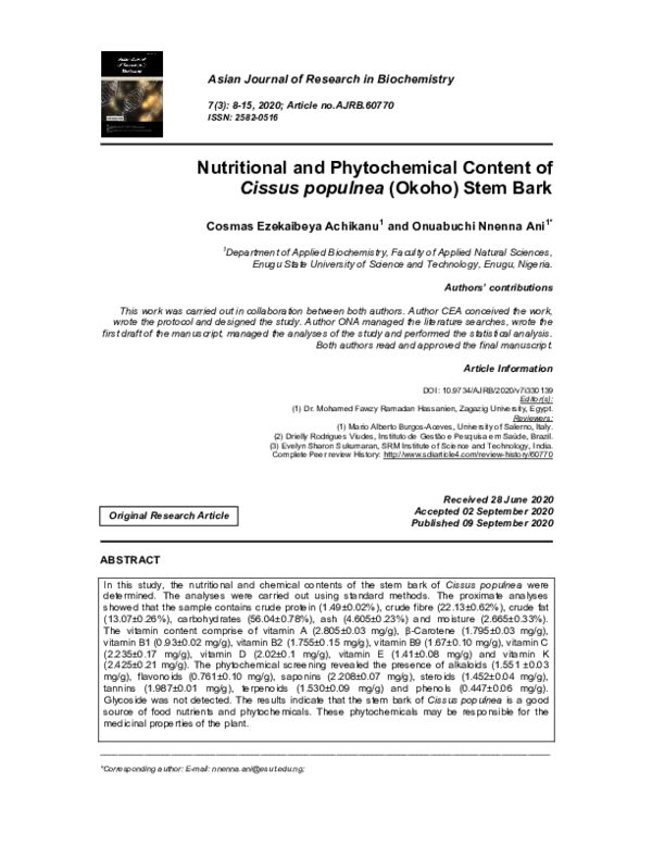 (PDF) Nutritional and Phytochemical Content of Cissus populnea (Okoho) Stem Bark