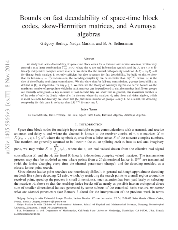 Pdf Bounds On Fast Decodability Of Space Time Block Codes Skew Hermitian Matrices And