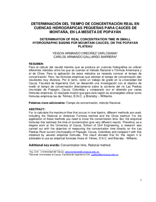 (PDF) DETERMINACIÓN DE TC EN PEQUEÑAS CUENCAS HIDROGRÁFICAS DE ALTA ...