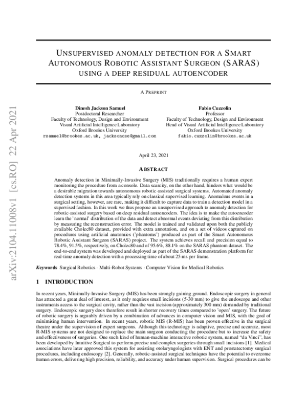 (PDF) Unsupervised anomaly detection for a Smart Autonomous Robotic Assistant Surgeon (SARAS ...