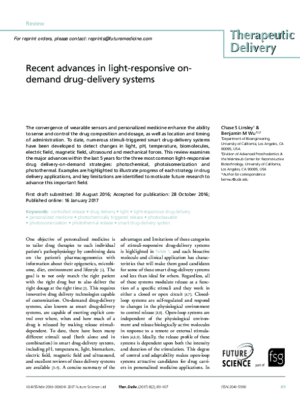 (PDF) Recent advances in light-responsive on-demand drug-delivery systems