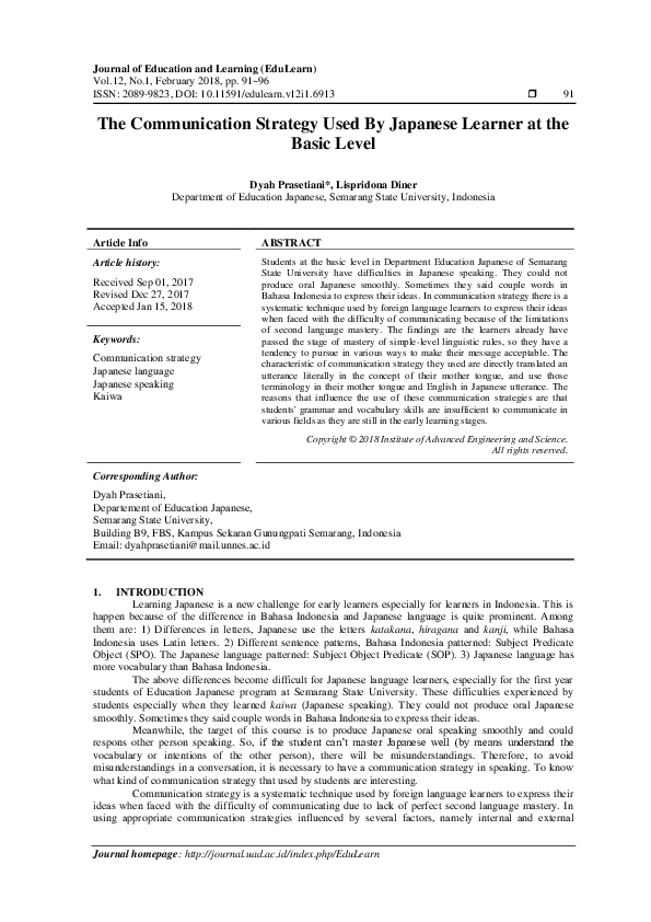 (PDF) The Communication Strategy Used By Japanese Learner at the Basic ...
