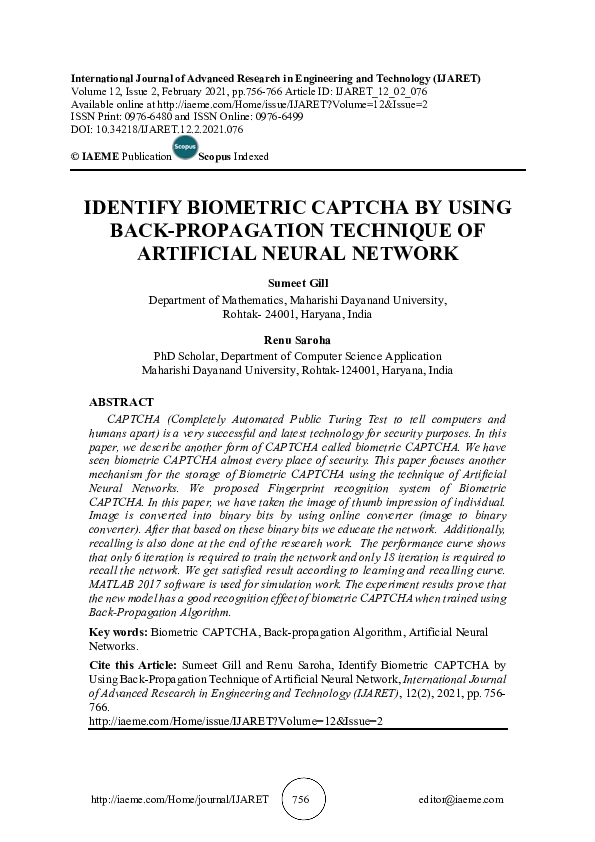 (PDF) IDENTIFY BIOMETRIC CAPTCHA BY USING BACK-PROPAGATION TECHNIQUE OF ARTIFICIAL NEURAL NETWORK