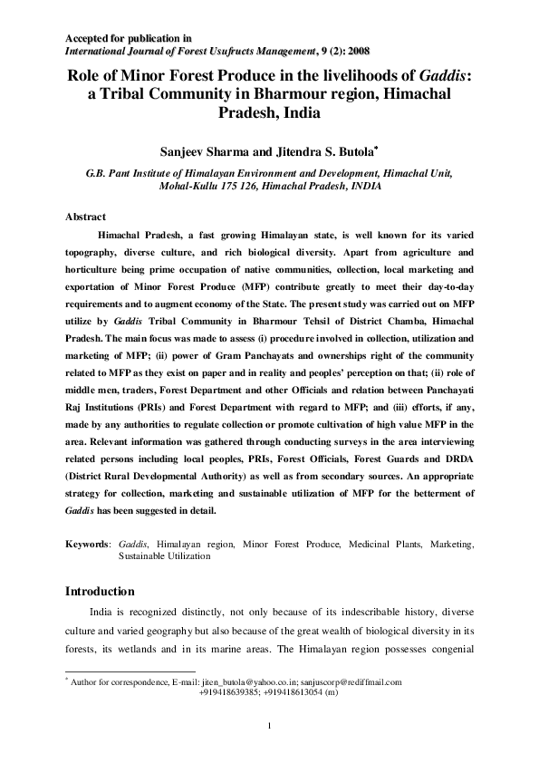(PDF) Role of Minor Forest Produce in the livelihoods of Gaddis: a ...