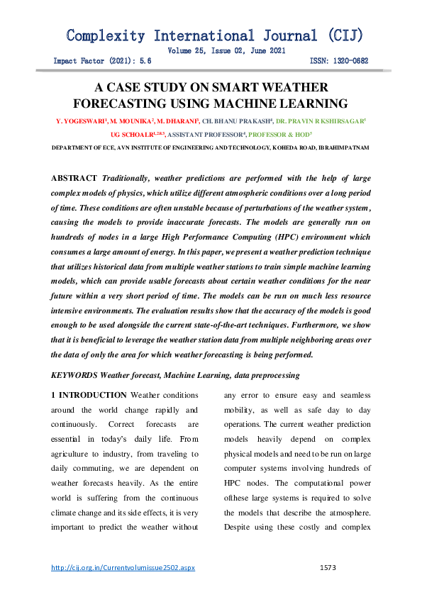 (PDF) A CASE STUDY ON SMART WEATHER FORECASTING USING MACHINE LEARNING