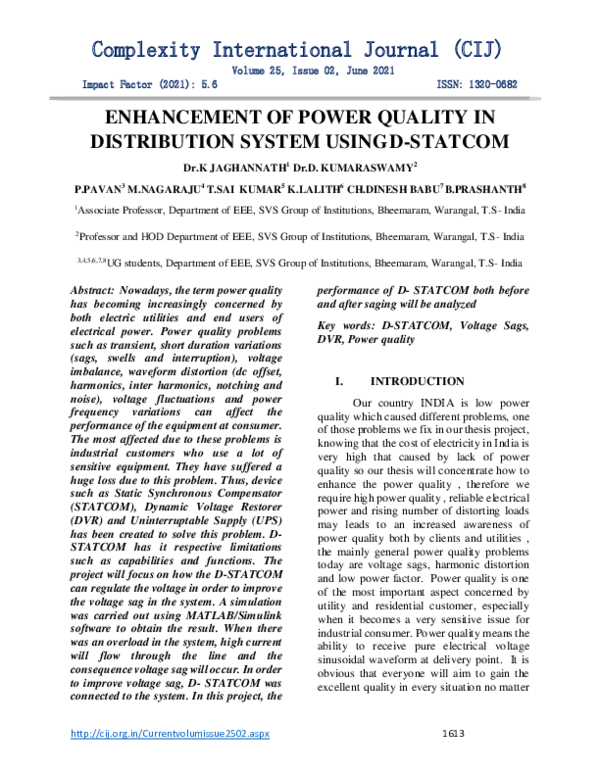 (PDF) ENHANCEMENT OF POWER QUALITY IN DISTRIBUTION SYSTEM USING D-STATCOM
