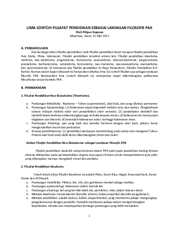 (PDF) LIMA CONTOH FILSAFAT PENDIDIKAN SEBAGAI LANDASAN FILOSOFIS PAK