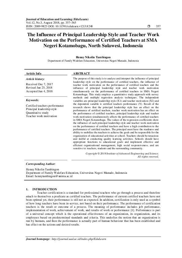 (PDF) The Influence of Principal Leadership Style and Teacher Work ...