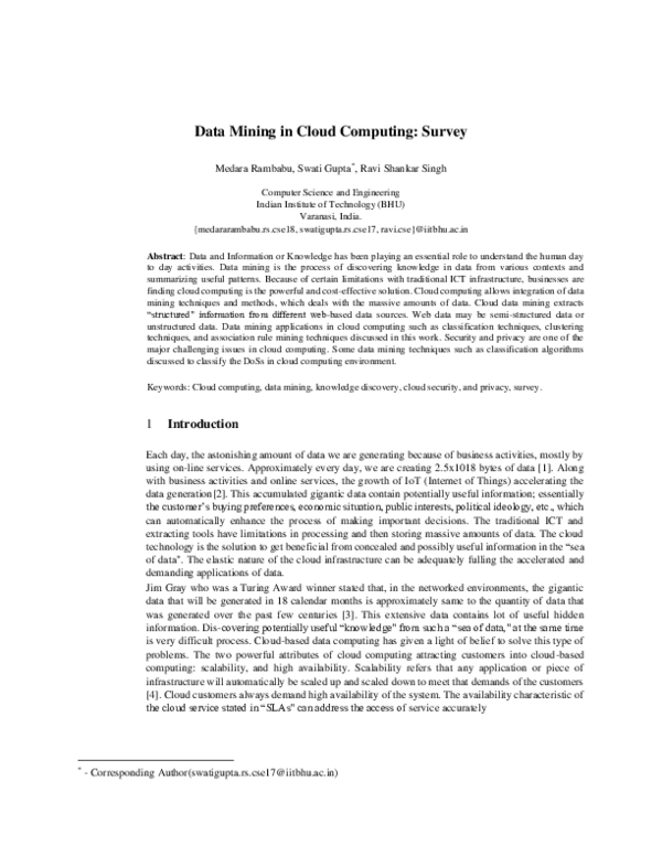 (PDF) Data Mining in Cloud Computing: Survey