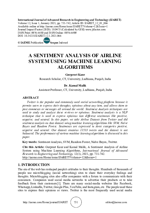 (PDF) A SENTIMENT ANALYSIS OF AIRLINE SYSTEM USING MACHINE LEARNING ALGORITHMS