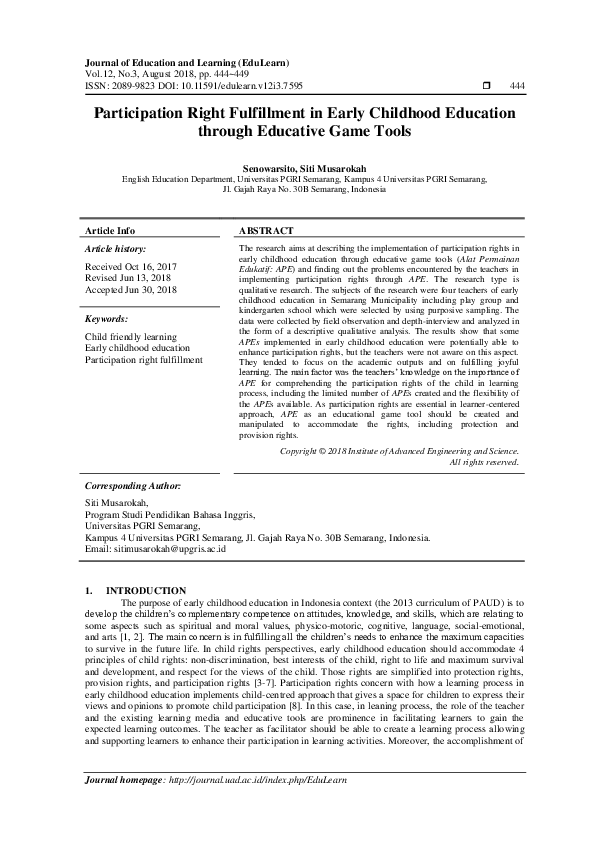 (PDF) Participation Right Fulfillment in Early Childhood Education ...