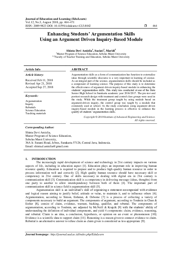 (PDF) Enhancing Students' Argumentation Skills Using an Argument Driven Inquiry-Based Module