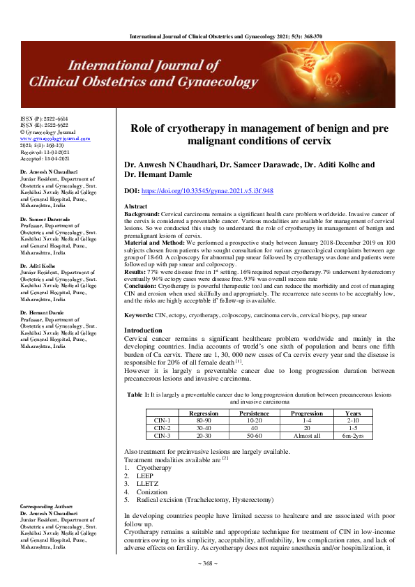 (PDF) Role of cryotherapy in management of benign and pre malignant ...