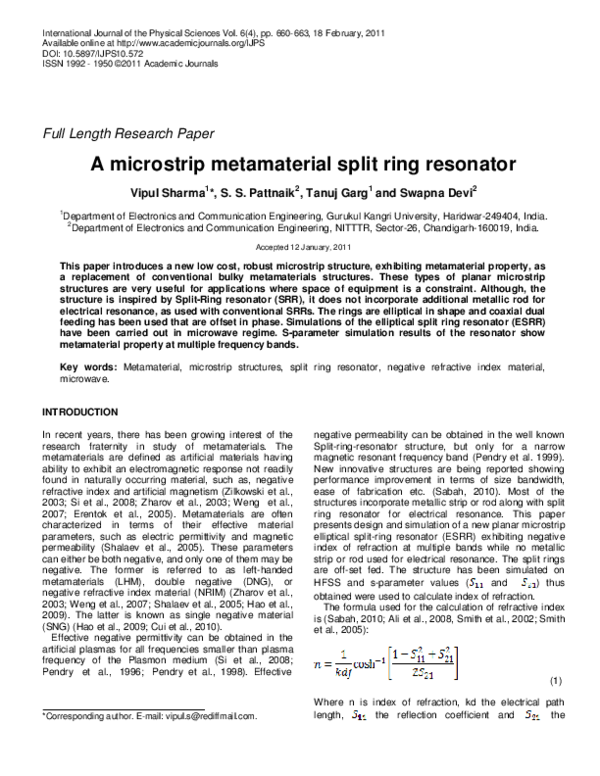 (PDF) Microstrip Low Pass Filter Based on Complementary Split-Ring Resonators | Pankaj Singh ...
