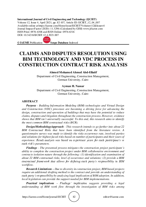 (PDF) CLAIMS AND DISPUTES RESOLUTION USING BIM TECHNOLOGY AND VDC ...