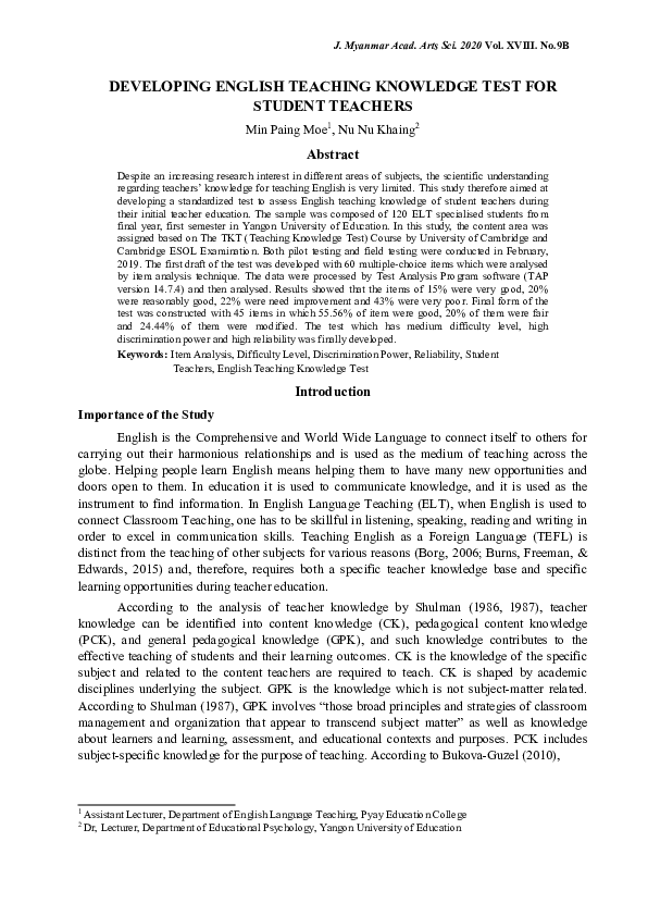 (PDF) DEVELOPING ENGLISH TEACHING KNOWLEDGE TEST FOR STUDENT TEACHERS