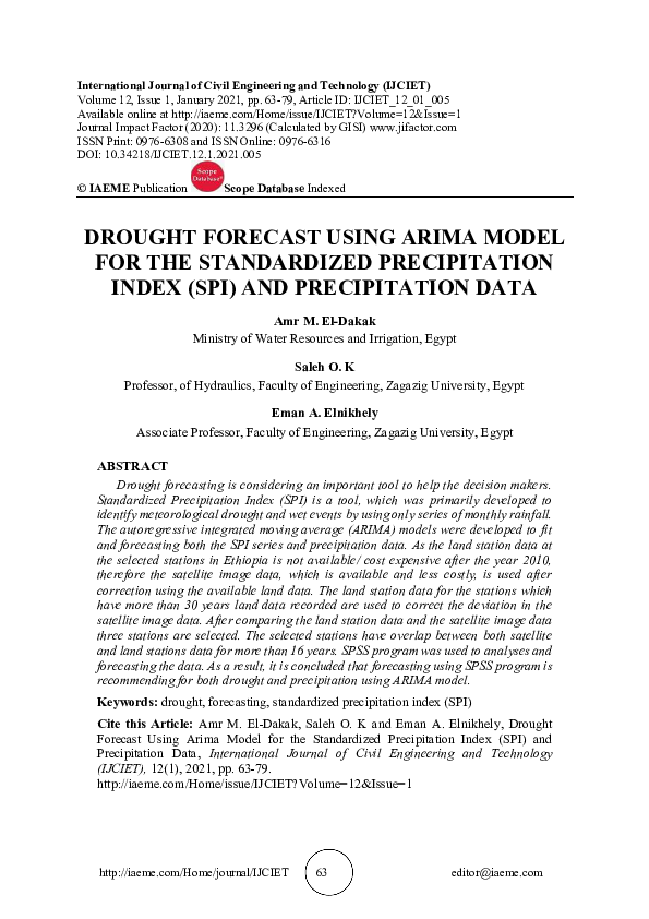 (PDF) DROUGHT FORECAST USING ARIMA MODEL FOR THE STANDARDIZED PRECIPITATION INDEX (SPI) AND ...