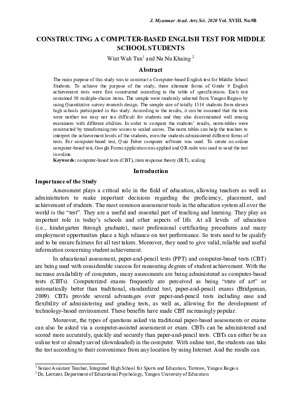 (PDF) CONSTRUCTING A COMPUTER-BASED ENGLISH TEST FOR MIDDLE SCHOOL STUDENTS