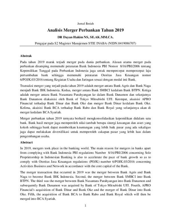 (PDF) Analisis Merger Perbankan Tahun 2019