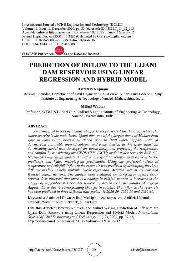 (PDF) PREDICTION OF INFLOW TO THE UJJANI DAM RESERVOIR USING LINEAR REGRESSION AND HYBRID MODEL ...