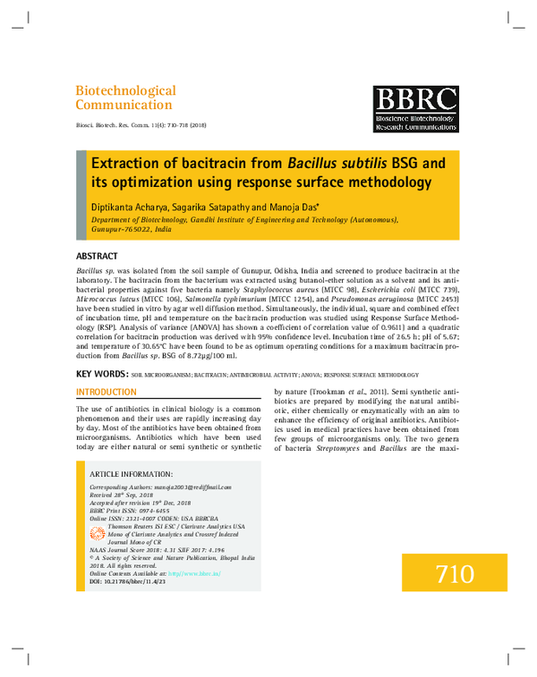 (PDF) Extraction of bacitracin from Bacillus subtilis BSG and its optimization using response ...
