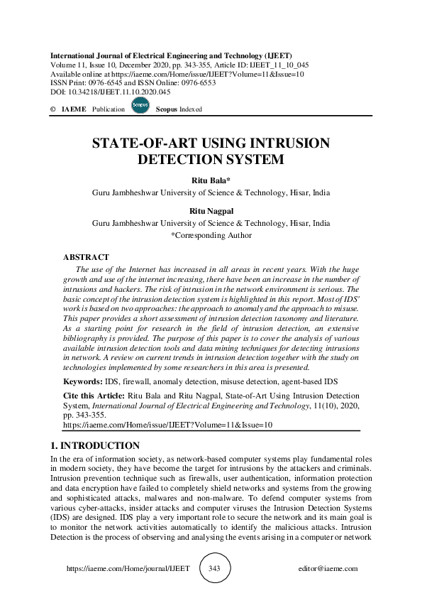 Pdf State Of Art Using Intrusion Detection System