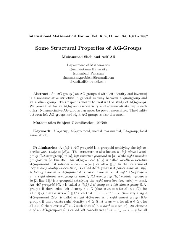(PDF) Some Structural Properties of AG-Groups
