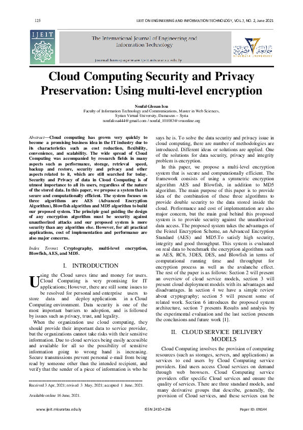 (PDF) Cloud Computing Security and Privacy Preservation: Using multi-level encryption