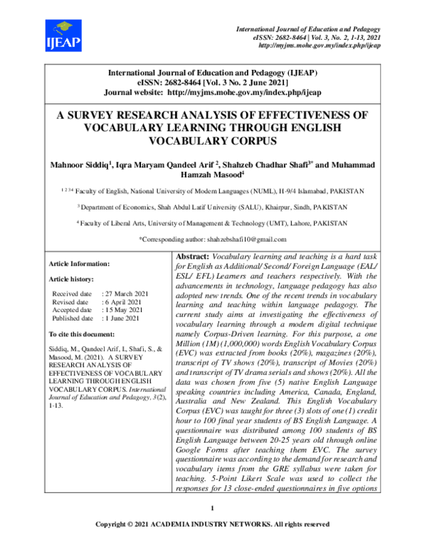 (PDF) A Survey Research Analysis of Effectiveness of Vocabulary ...