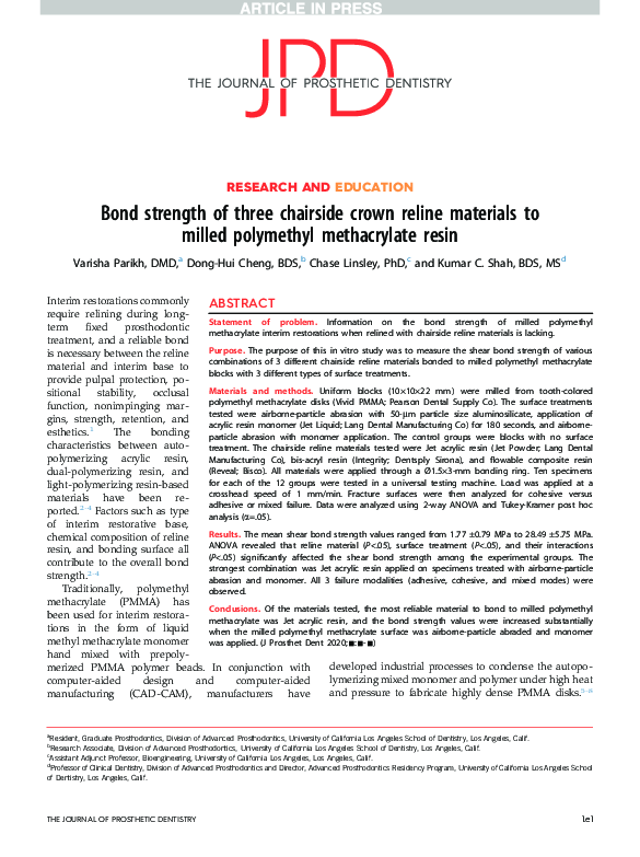 (PDF) Bond strength of three chairside crown reline materials to milled ...