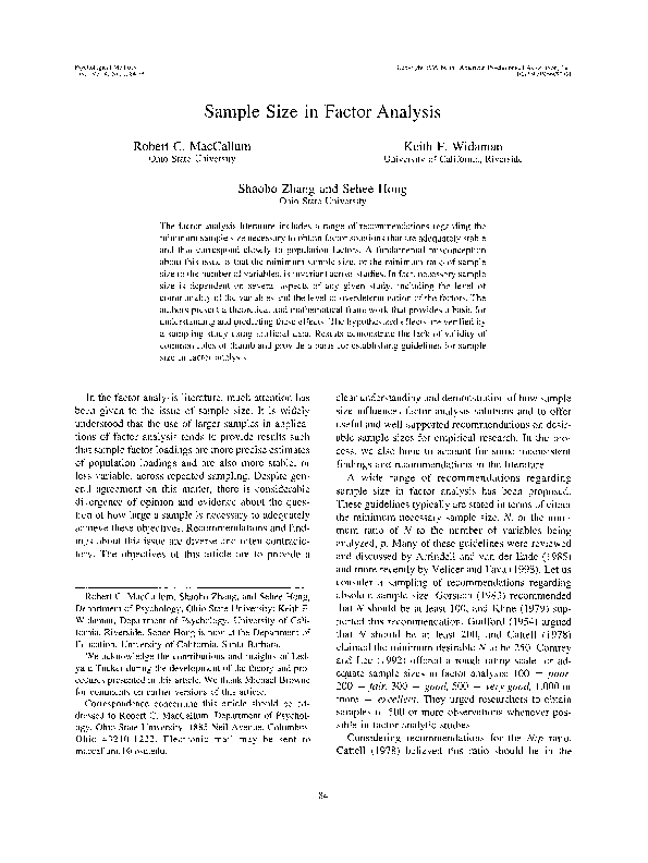 (PDF) Sample size in factor analysis