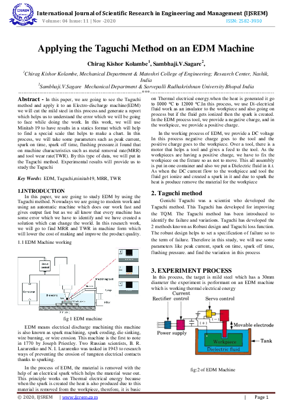 Pdf Applying The Taguchi Method On An Edm Machine