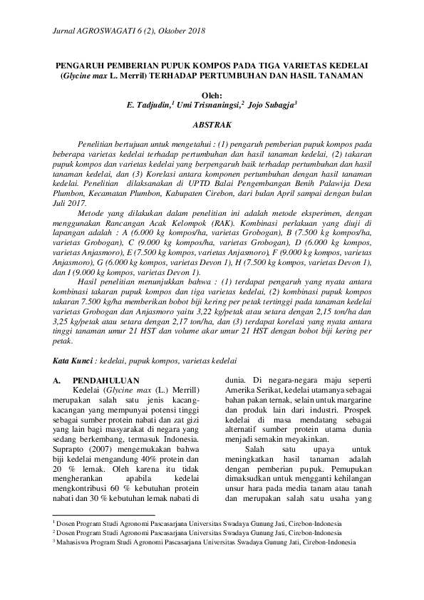 (PDF) PENGARUH PEMBERIAN PUPUK KOMPOS PADA TIGA VARIETAS KEDELAI (Glycine max L. Merril ...