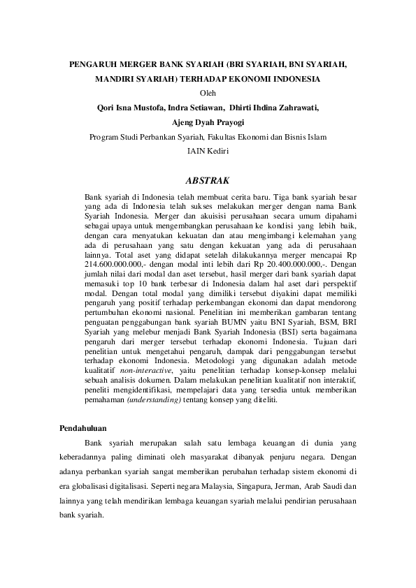 (PDF) PENGARUH MERGER BANK SYARIAH (BRI SYARIAH, BNI SYARIAH, MANDIRI SYARIAH) TERHADAP EKONOMI ...