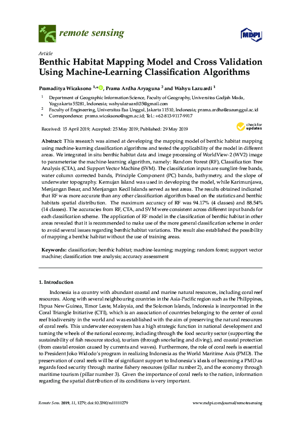 Pdf Benthic Habitat Mapping Model And Cross Validation Using Machine Learning Classification