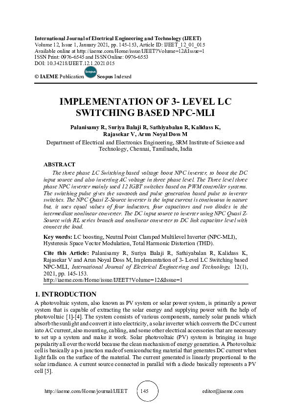 (PDF) IMPLEMENTATION OF 3- LEVEL LC SWITCHING BASED NPC-MLI