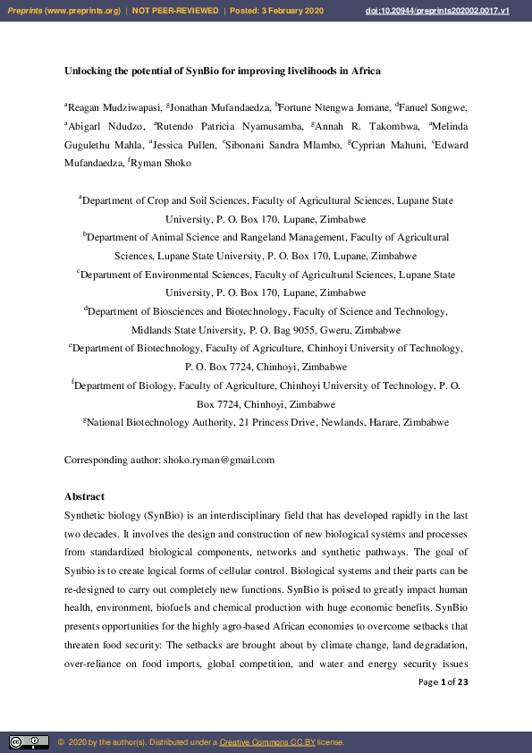 (PDF) Unlocking the Potential of SynBio for Improving Livelihoods in Africa
