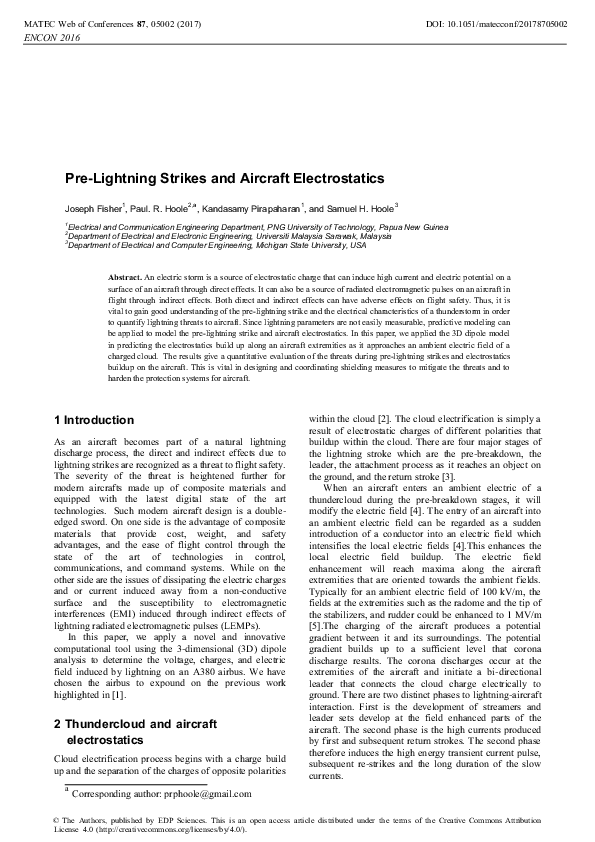 (PDF) Pre-Lightning Strikes and Aircraft Electrostatics