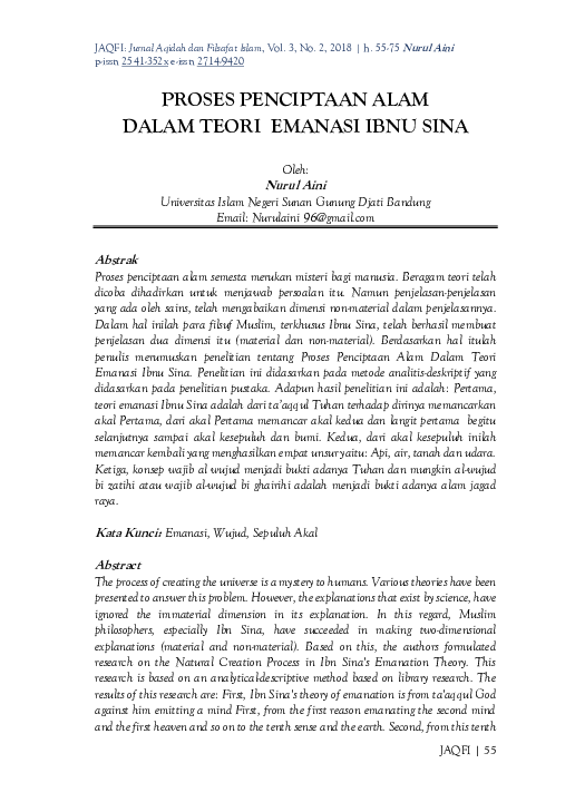 (PDF) Proses Penciptaan Alam Dalam Teori Emanasi Ibnu Sina