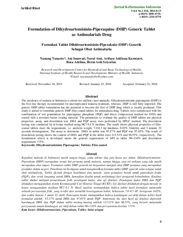 (PDF) Formulation of Dihydroartemisinin-Piperaquine (DHP) Generic ...