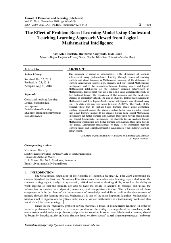 Pdf The Effect Of Problem Based Learning Model Using Contextual