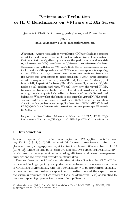 (PDF) Performance evaluation of HPC benchmarks on VMware's ESXi server